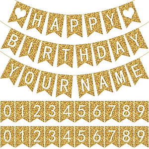 124 Pcs Happy Birthday Banner, Banner DIY Birthday Banner Reusable Multi Occasion Party Decorations Bunting Banner for Men Women Boys Girls Kids Golden Birthday Party (Gold)