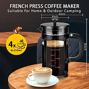YMMIND French Press Coffee Maker 34oz 304 Stainless Steel Coffee Press,with 4 Filters System, Heat Resistant Thickness Borosilicate French Press Glass, BPA-Free Brewed Tea Pot Coffee Plunger