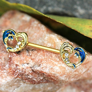 Pierced Owl 14GA Gold Plated Stainless Steel Dolphin Heart Wave Nipple Barbells, Sold as a Pair