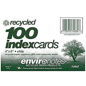 Roaring Spring Recycled Index Cards 4"x6", 100 Count, Smooth 100# White Recycled Index Paper, Ruled on Front, Blank on Back
