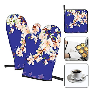 Swono White Floral Oven Mitts and Pot Holders Sets,Peach Tree with Flower in The Blue Background Kitchen Cooking Gloves Heat Resistant Baking for BBQ Grilling