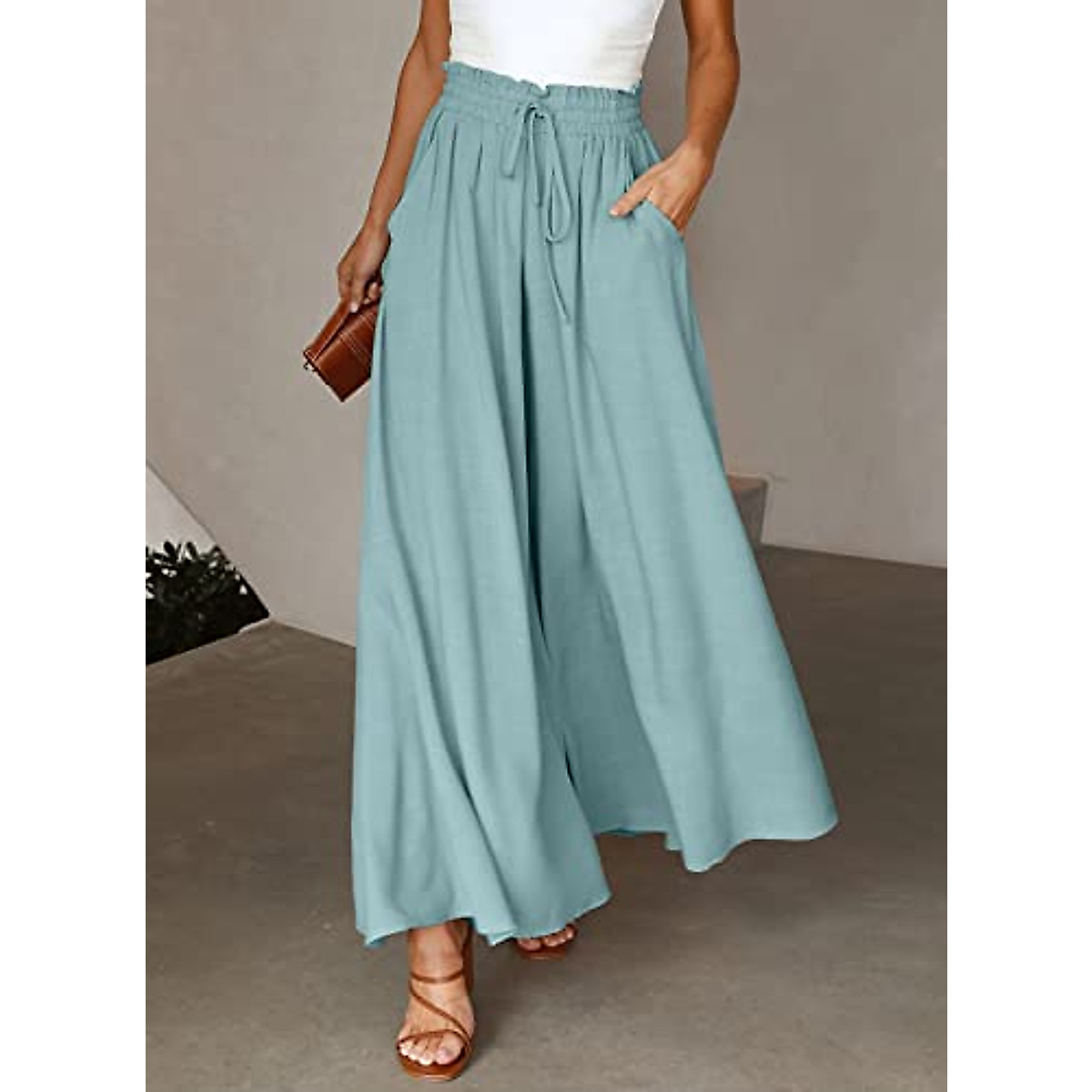 Dokotoo Fashion Wide Leg Pants for Women 2023 Fall Solid High Drawstring Waist Yoga Pants Jogging Jogger Beach Sport Office with Side Pockets Sea Green M