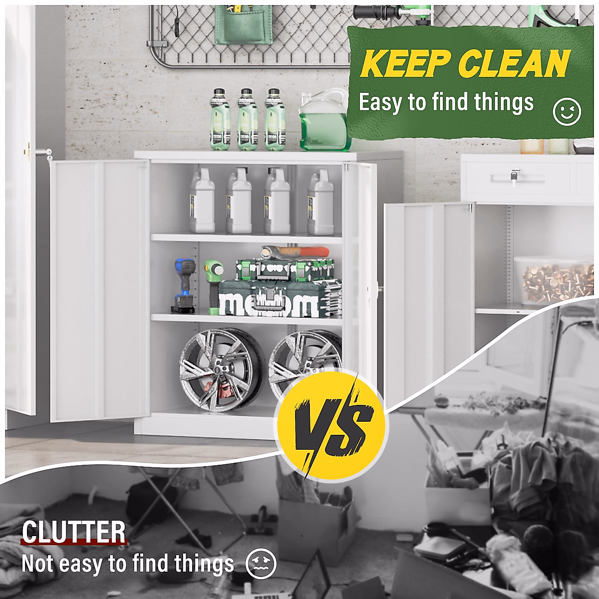 Greenvelly Metal Storage Cabinet, 42” Steel Locking Cabinet with Doors and Shelves,White Utility Cabinet Garage Cabinets, Lockable File Cabinet for Home Office, Garage, Kitchen, Shop