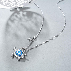 WINNICACA Sea Turtle Necklaces Sterling Silver Turtle Jewelry Created Blue Opal Ocean Jewelry Sea Turtle Gifts for Women Birthday Valentines Day Gifts for Her