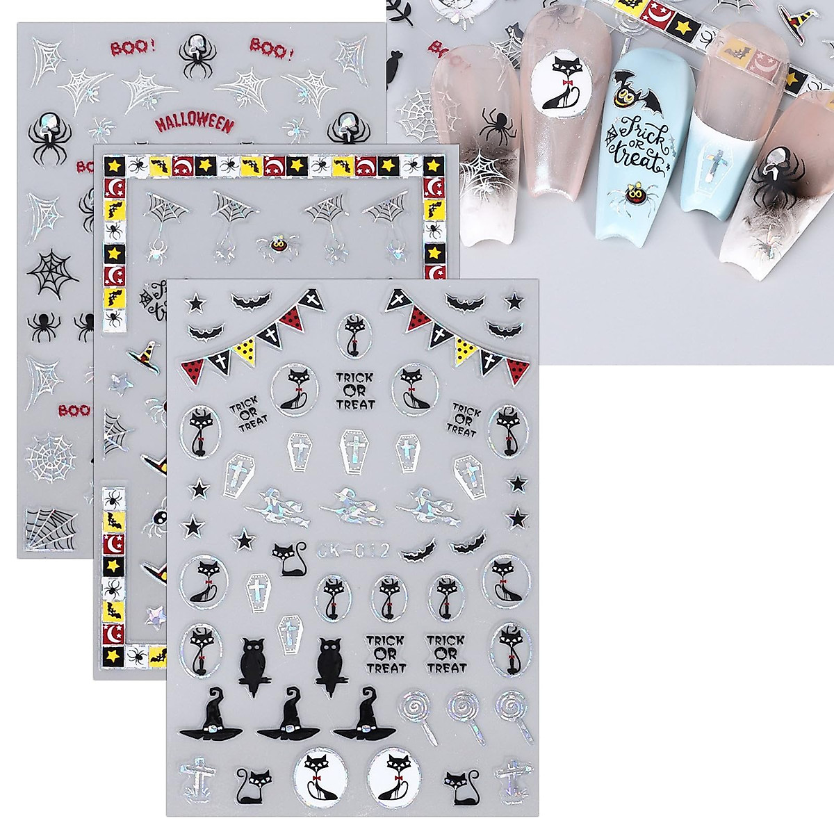JMEOWIO 12 Sheets Halloween Nail Art Stickers Decals Self-Adhesive Pegatinas Uñas Skull Ghost Witchy Spider Web Bat Pumpkin Spook Nail Supplies Nail Art Design Decoration Accessories