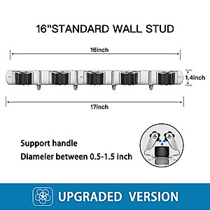 Vebroert Mop Broom Holder Wall Mount, Stainless Steel Broom Organizer Wall Mounted Self Adhesive, Garage Laundry Room Garden Organization Tool Storage Rack, Heavy Duty Hangers 5 Racks and 4 Hooks