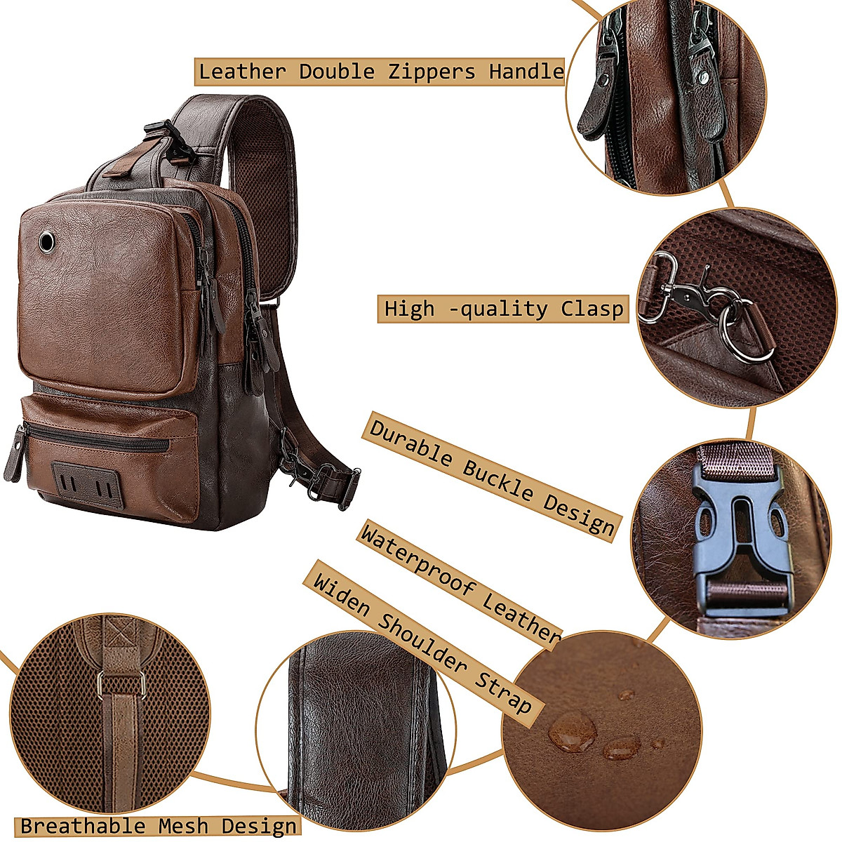 AONETIGER Small Brown Sling Crossbody Backpack Shoulder Bag, Vintage PU Leather Casual Daypack Rucksack with USB Charger bag for Men Women