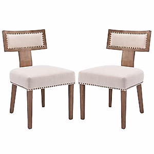 CIMOO Mid Century Modern Dining Chairs Set of 2 Linen Upholstered Dining Chairs Farmhouse Dining Room Chairs with Nailhead Trim Back Wood Legs, Beige and Natural