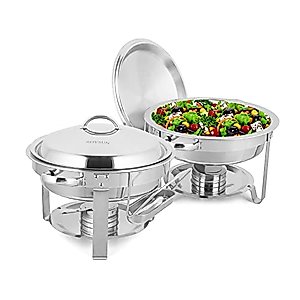 ROVSUN 5 Qt 2 Pack Chafing Dish Buffet Set,Stainless Steel Round Chafers for Catering, Buffet Servers and Warmers Set with Lid Holder & Drip Tray for Wedding Party Banquet Graduation