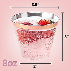 PLASTICPRO 9 oz Disposable Plastic Party Cups,Old fashioned Designed Tumblers, Crystal Clear (Clear With Rose Gold Rim, 100)