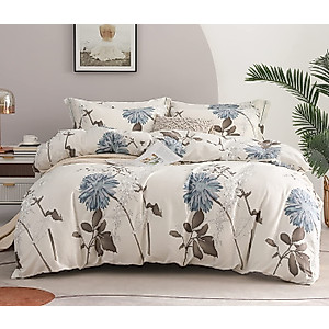 SLEEPBELLA Comforter King Size, 600 Thread Count Cotton Brown Branches and Blue Flowers Off-White Comforter Sets, Down Alternative Bedding Set 3Pcs(King, Off-White Botanical)