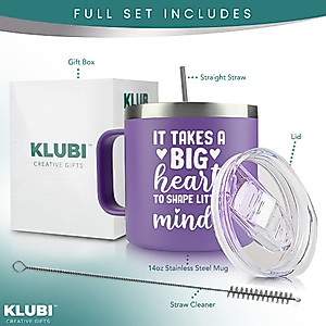 KLUBI Teacher Appreciation Gifts for Women – “It Takes a Big Heart to Shape Little Minds” 14oz Tumbler/Mug Purple Coffee- Cute Idea for Week, Women, Virtual Teaching, Best, Thank You, Birthday