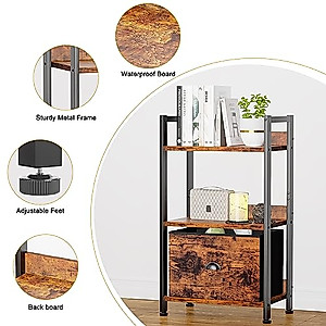 Furologee 3 Tier Bookshelf with Drawer, Small Bookcase with Shelves, Short Wood and Metal Book Shelf Storage Organizer, Industrial Freestanding Shelf Units for Bedroom, Living Room, Dorm, Rustic Brown