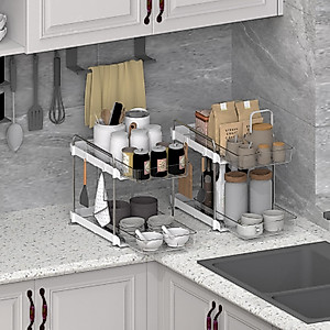 Alwytlon 2 Sets of 2-Tier Under Sink Organizer and Storage, Sliding Bathroom Cabinet Organizer with Hooks, Multi-purpose Pull Out Storage Shelf for Bathroom Kitchen, transparent & White