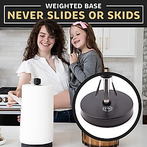 Stainless Steel Black Paper Towel Holder Designed for Easy One-Handed Operation - This Sturdy Weighted Paper Towel Dispenser Countertop Model Has Suction Cups and Holds All Paper Towel Rolls