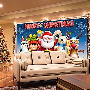Christmas Garage Door Banner 16 x 7 ft, Merry Christmas Holiday Garage Door Decorations Cover Santa's Reindeer Garage Door Murals Large Backdrop Background for Photo Christmas Party Outdoor Banner