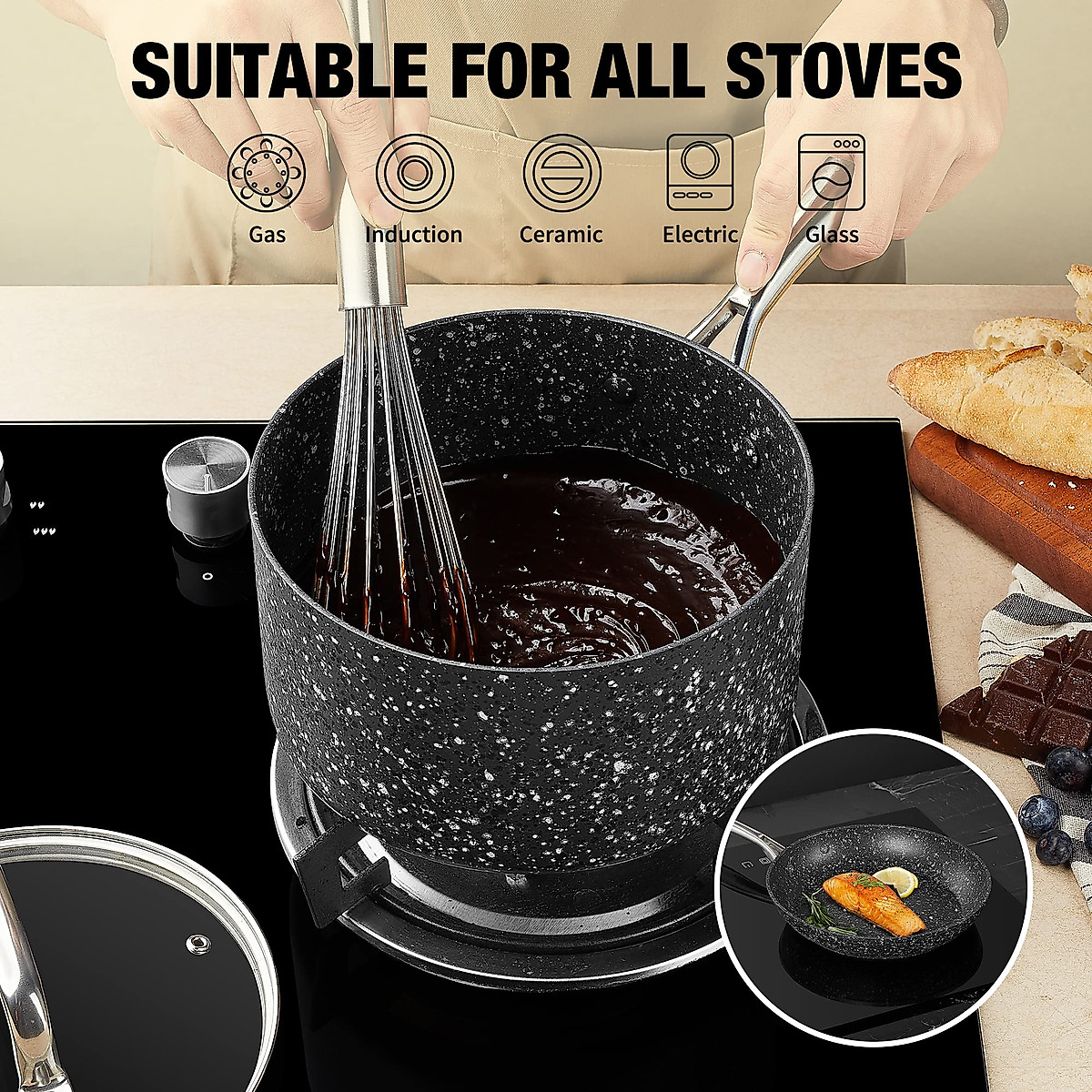 HLFRG Saucepan Set with Lid, Nonstick 2Qt & 3Qt Sauce Pan Set with Lid, Small Pot with Lid, Natural Granite Nonstick Saucepan Set, Small Sauce Pots, Black Pot Set - 2Qt & 3Qt