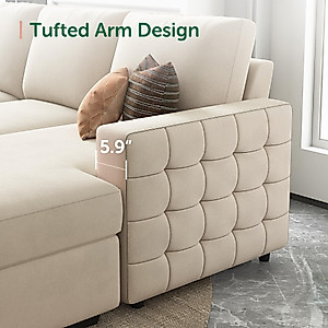 HONBAY Sleeper Sectional Sofa with Storage Chaise U Shaped Sectional Couch for Living Room, Velvet Sleeper Sectional Couch with Pullout Bed, Beige