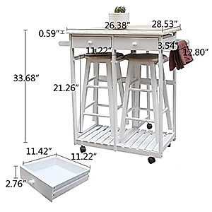 IRDFWH Dining Room Kitchen Foldable Wooden Handle Semicircle Dining Cart with Round Stool White