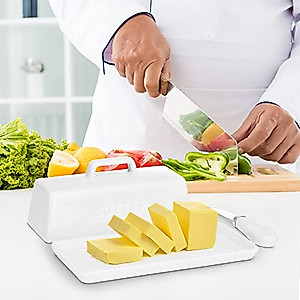 Ceramic Butter Dish Set with Lid and Knife - [White]- Decorative Butter Stick Holder with Handle for 1 Stick of Butter - Microwave Safe, Dishwasher Safe - Anti-Scratch Stickers Included