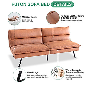MUUEGM Futon Sofa Bed Couch,Memory Foam Convertible Futon Couch,Modern Faux Leather Sleeper Sofa Couch,Love Seat Sofa for Living Room Small Space Apartment Office,Adjustable Backrest