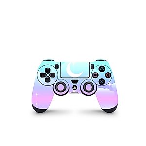 ZOOMHITSKINS Compatible with PS4 Controller Skin, Cartoon Pink Blue Moon Cloud Anime Kawaii Cute, Durable, Vinyl, Made in The USA