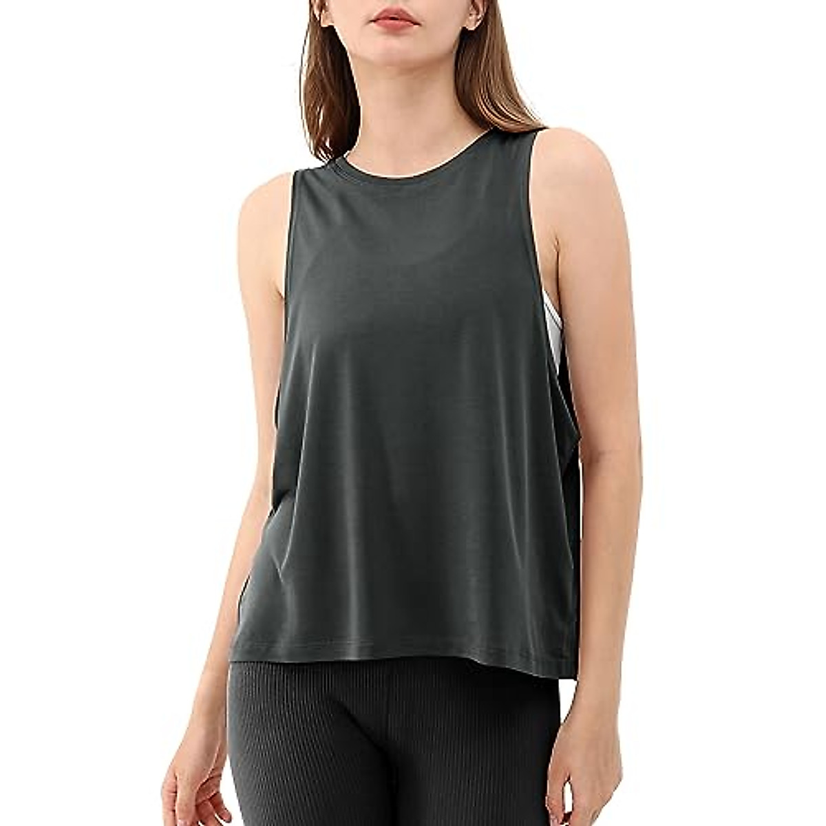 ODODOS 3-Pack Loose Tank Tops for Women Sleeveless Casual Athletic Workout Yoga Shirts, Black, White, Heather Grey, Medium