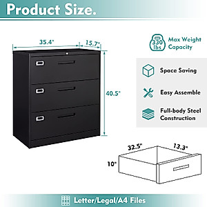 MIIIKO Lateral File Cabinet 3 Drawer, Metal Filing Cabinet with Lock for Home Office, Large Storage File Organizer for Hanging File Folders,Easy Assemble