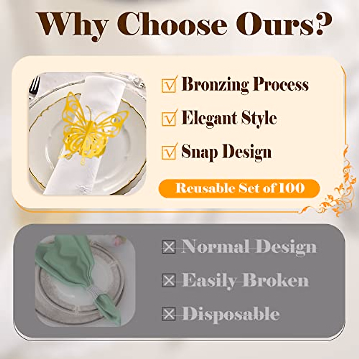 Honitra 100 Rose & Butterfly Napkin Rings, Gold Napkin Rings for Table Decor, Napkin Rings Set of 100 for Luxury Banquet Style, Reusable Paper Napkin Rings for Wedding, Birthday, Anniversary