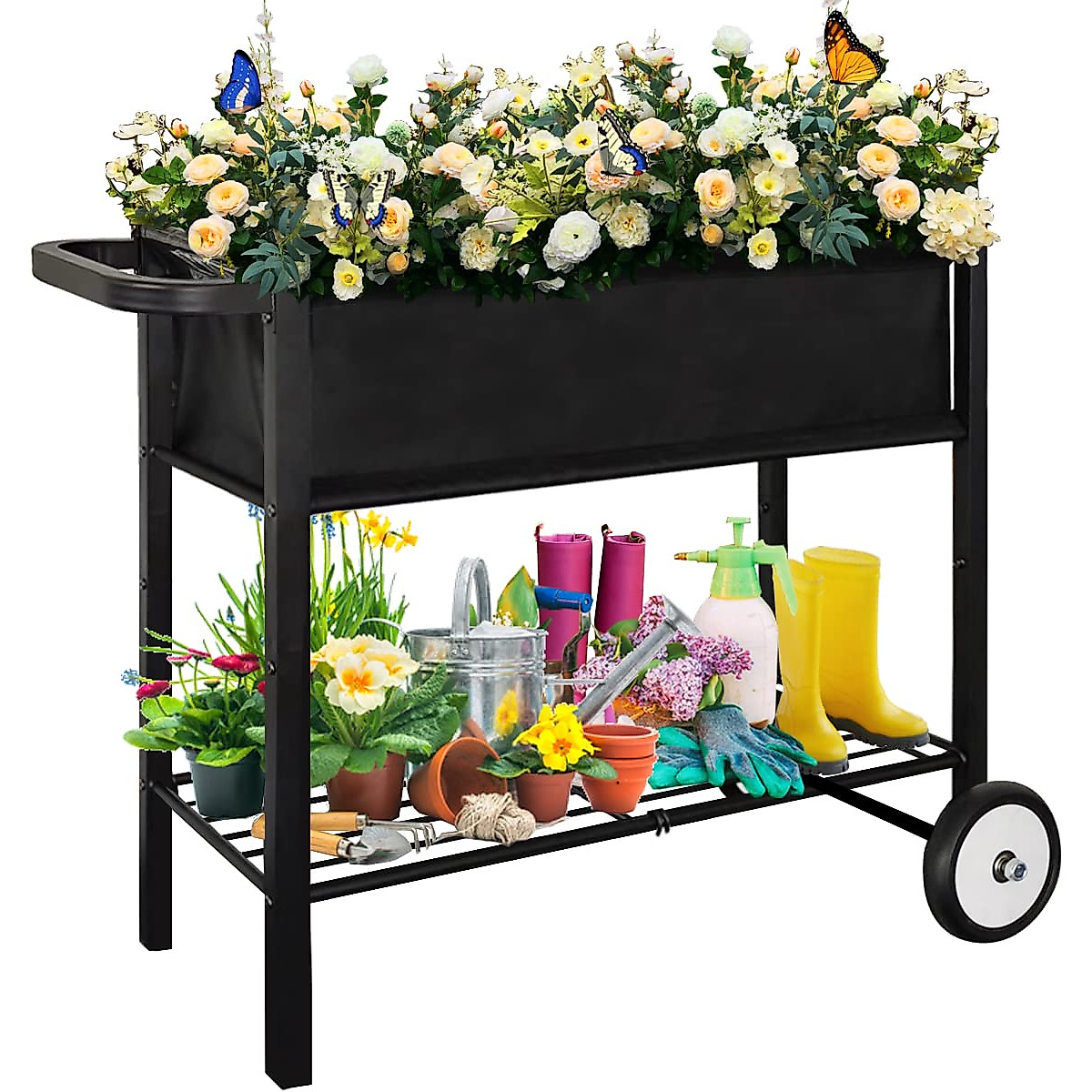 Koutemie Outdoor Raised Planter Box with Legs for Gardening, Elevated DIY Garden Bed Cart on Wheels for Vegetables Flower Tomato Herb Plant, Black