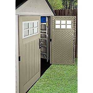 Rubbermaid Resin Weather Resistant Outdoor Storage Shed, 7 x 7 ft. , Faint Maple/Onyx/Sandstone, for Garden/Backyard/Home/Pool