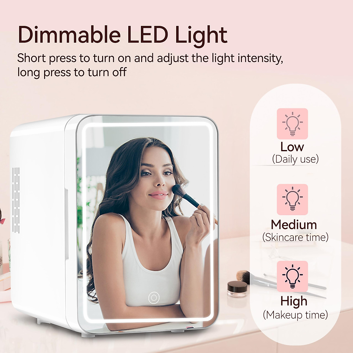 Skincare Fridge With Dimmable LED Mirror, 4L Makeup Mini Fridge for Bedroom, Cosmetics, SkinCare, Cooler & Warmer, Portable Small Refrigerator for Car, Office and Food- White