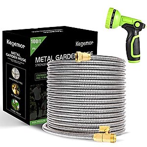 kegemor Garden Hose 100 ft-Metal Water Hose -Flexible Lightweight Outdoor Yard Strong Durable Heavy Duty 304 Stainless Steel Hose Pipe with 10-Way Nozzle, Solid 3/4" Brass Connectors, No Kink Hose