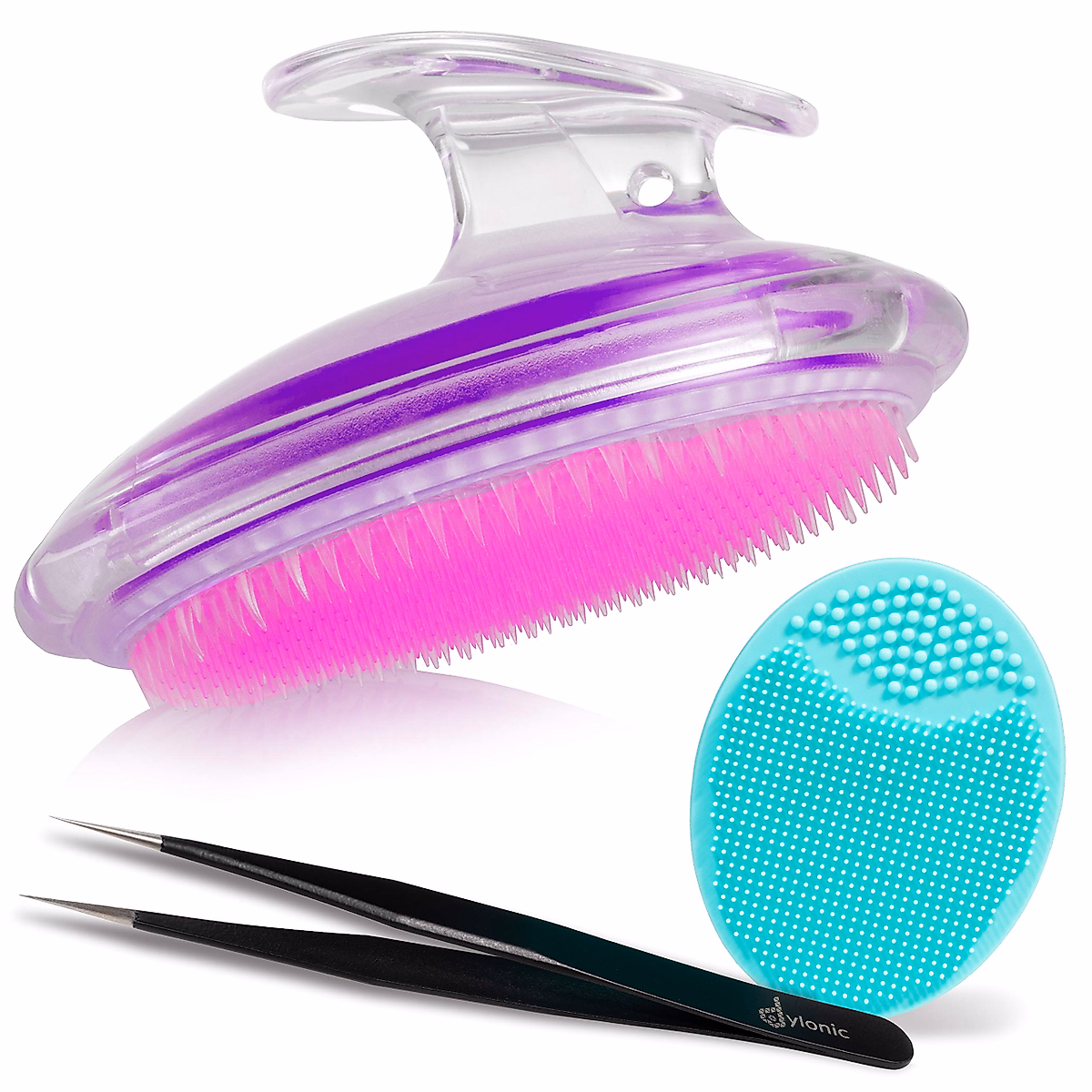 Dylonic 3pk Exfoliating Brush and Precision Tweezers for Ingrown Hair Treatment for Bikini Area, Razor Bumps Shaving Irritation - Silicone Scrubbers Gift Set, Body + Face Skin Exfoliator Brush