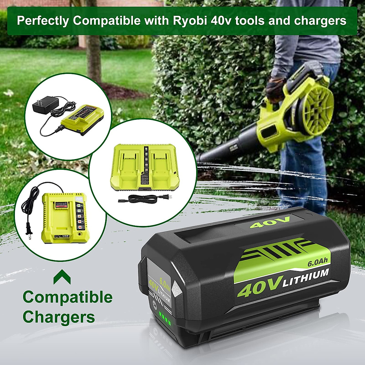 6000mAh OP4026 40 Volt Lithium Replacement Battery Compatible with Ryobi 40V Battery OP4050A OP40601 OP4040 OP4030 OP4050 OP40261 OP40201 OP40401 Cordless Tools with LED Indicator (Green) (2 PACK)