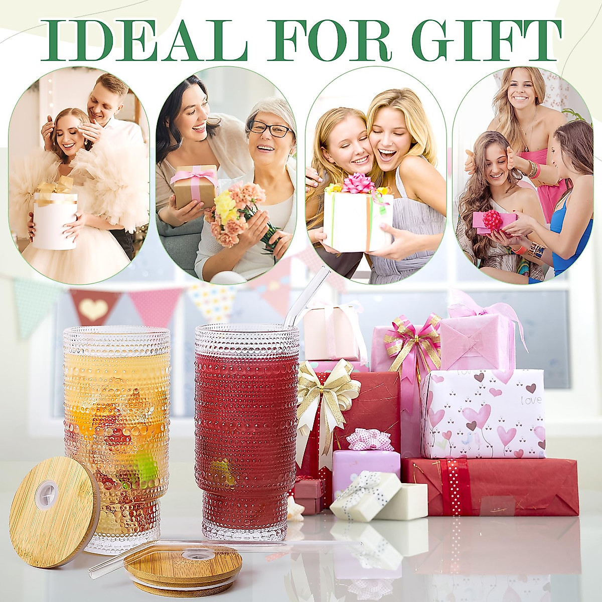 CWHHRN 16OZ Glass Cups with Lids and Straws, Vintage Embossed Glassware for Whiskey Cocktail Beer, Iced Coffee Cups with Lid, Glass Tumbler with Straw and Lid (2 PACK)