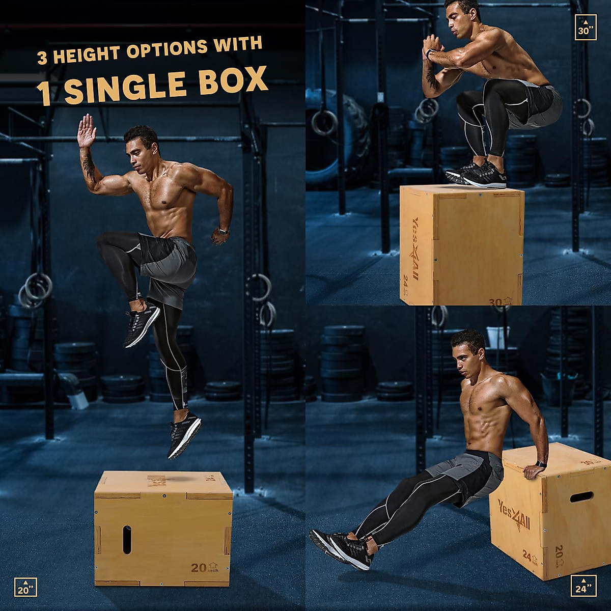 Yes4All 3 in 1 Wooden Plyo Box, Plyometric Box for Home Gym and Outdoor Workouts - 30x24x20", SGQ6