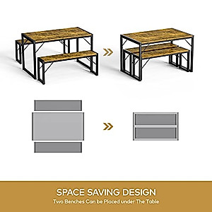 Gizoon 45.5" Dining Table Set for 4, Kitchen Table Set with 2 Benches, Dining Room Table Set with Metal Frame & MDF Board, Space-Saving Dinette for Kitchen, Dining Room -Retro