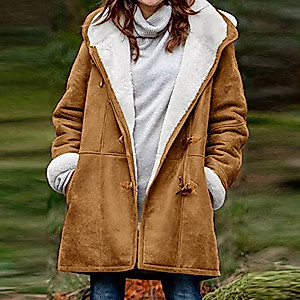 Women'S Winter Coats Sherpa Cardigan Jacket With Hooded Plus Size Fluffy Fleece Outdoor Outerwear Fashion Horn Button Down Warm Fall Outfits Chaquetas De Invierno Para Mujer(B Brown,Small)