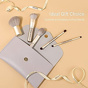 Travel Makeup Brushes Set with Case, SIXPLUS 5Pcs Champagne Gold Double Ended Professional Make Up Brush for Foundation Blush Powder Eyeshadow Blush Eyebrow Lip, Portable Storage Bag, Best Gift Kit