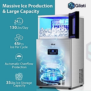 Upgraded Commercial Ice Maker Machine 130LBS/24H with 35LBS Storage Bin,15Inch Wide Ready in 11-20 Mins Under Counter/Freestanding Stainless Steel Gravity Drainage Large Ice Machine