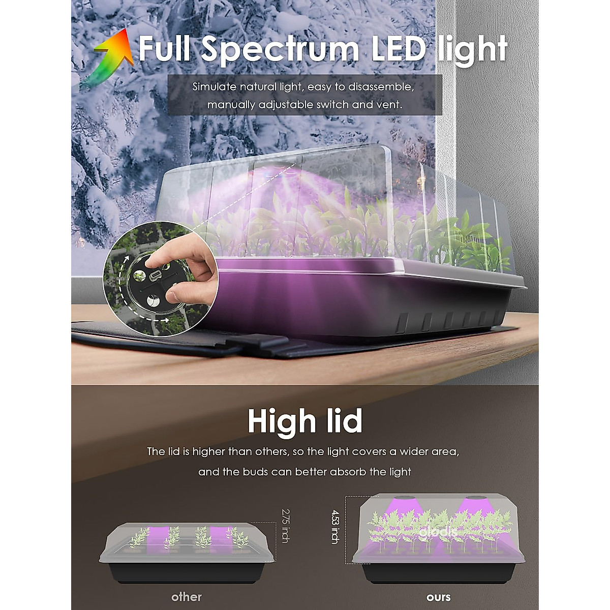 LIPSUN Seed Starter Tray Kit with Grow Light, Seedling Starter Trays, 48 Cells Reusable Plant Starters Silicone, Enhanced Material Seed Germination Kit with Heat Mat/Humidity Dome/High-Raised Lid