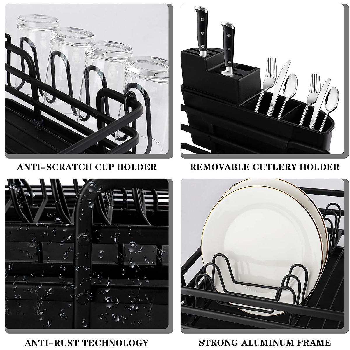 [Upgraded] Aluminum Dish Drying Rack, ROTTOGOON Rustproof Dish Rack and Drainboard Set with Drainage, Utensil Holder, Cup Holder, Compact Dish Drainer for Kitchen Counter Cabinet, 16.9" x 12.2", Black