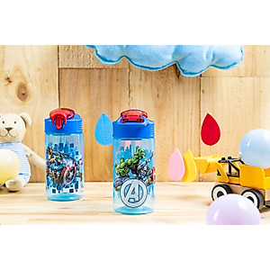 Zak Designs Kids Durable Plastic Spout Cover and Built-in Carrying Loop, Leak-Proof Water Design for Travel, (16oz, 2pc Set), Marvel Avengers