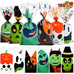 JOYIN 150 PCS Halloween Cellophane Treat Bags with Twist Ties, Halloween Cellophane Clear Candy Bags for Trick or Treat, Halloween Cookie and Goodies Gift Bags for Party Favor Supplies