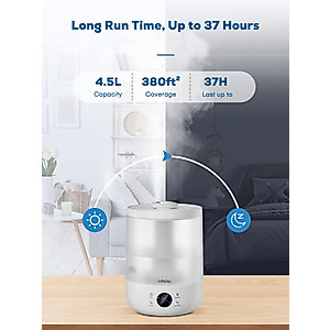 Aiheal Humidifiers for Bedroom Large Room, 4.5L Top Fill Cool Mist Ultrasonic Humidifier for Plants and Baby, Lasts 37 Hours, Timer, Auto Shut Off, Super Quiet, Sleep Mode, White