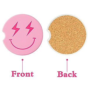 G1ngtar 4Pcs Preppy Car Coasters with Finger Notch Aesthetic Lightning Bolt Face Shaped Absorbent Ceramics Heat Resistant Anti Slip Cork Base Car Drinks Coasters Auto Accessories for College Students