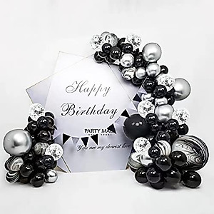 Black White Silver Party Balloons, 50pcs 12 Inch Thicker Marble Black and Pearl White Metallic Confetti Latex Balloons with Ribbon for Birthday Anniversary Decorations