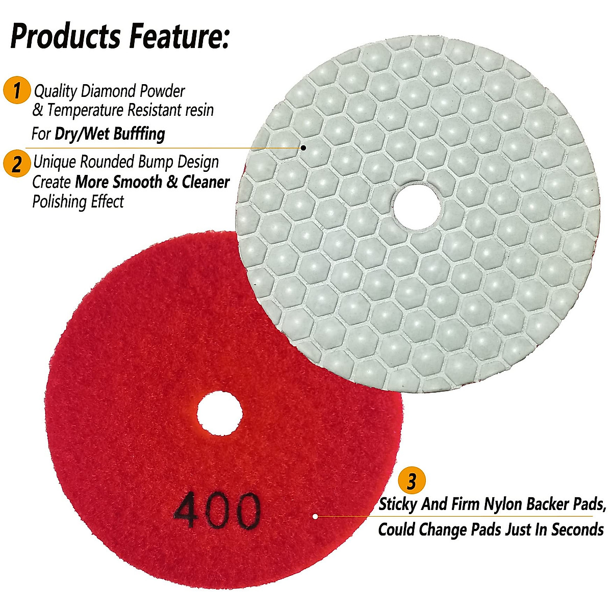 16 Packs Dry Diamond Polishing Pads Grit 400, 4 Inch Dry/Wet Granite Sanding Pad for Bufffing Marble Quartz Concrete Stone Tiles Used for Grinder Polisher Drill