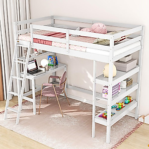 KOMFOTT Twin Loft Bed with Desk & Storage Shelves, Wood Loft Bed Frame for Kids Teens with Bookcase, Ladder, Guardrail, No Box Spring Needed, Space-Saving Loft Bed for Dorm, Apartment
